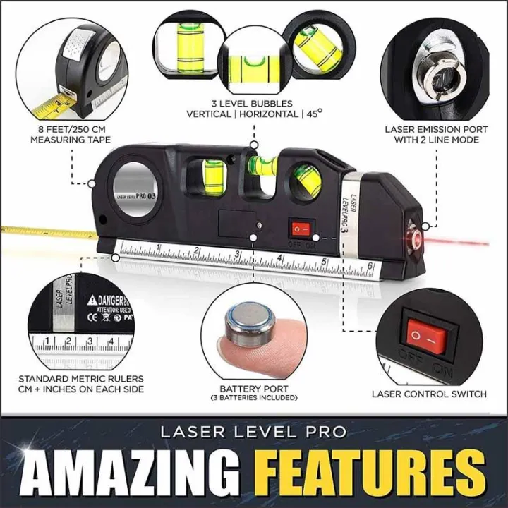 Laser Level Meter Pro 3 Leveller Black 2 Line Measuring Tape ...