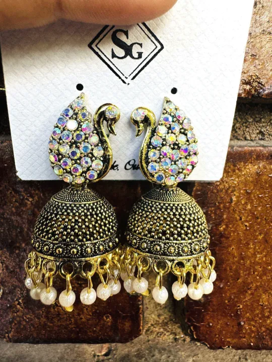 Bizzy Dull gold color cute jimiky drop earring with multi and swan head ...