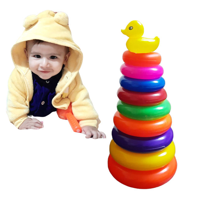 Montessori Rainbow 9 Sorting & Stacking Rings Tower Plus Removable Duck ...