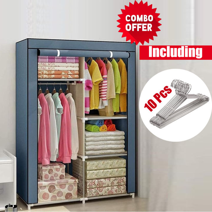 2-in-1 Combo Set: Fabric Wardrobe with Cover & 10-Piece Stainless Steel ...