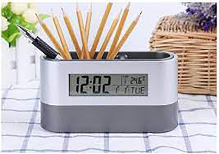 Oval Desk Clock Stand With Clock Pen Holder Time Alarm Snooze Calendar ...