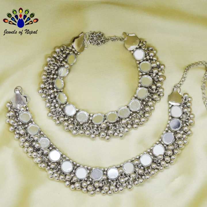 Jewels of Nepal Silver Toned Mirror Studded Ghungroo Pauju For Women ...