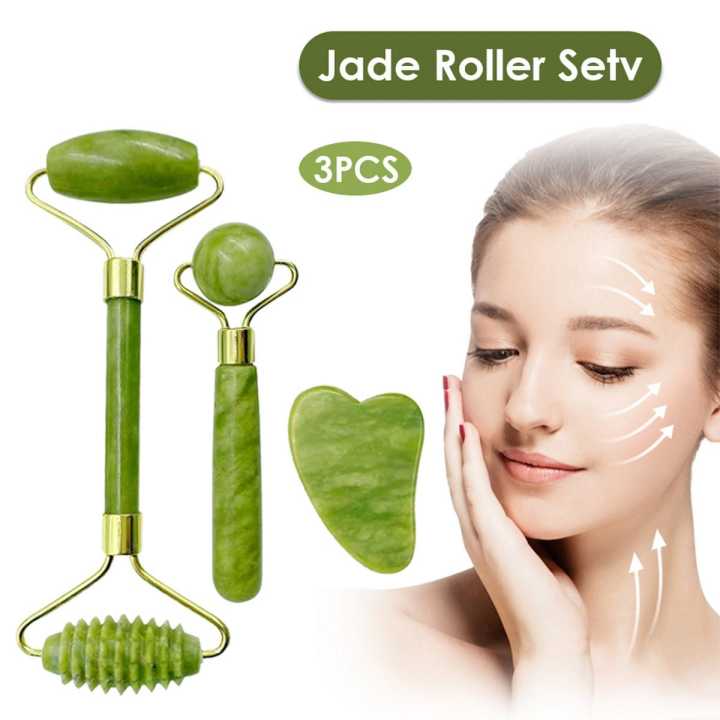 3pcs Set Facial Jade Stone Roller & Gua Sha Board Body Neck Massage ...