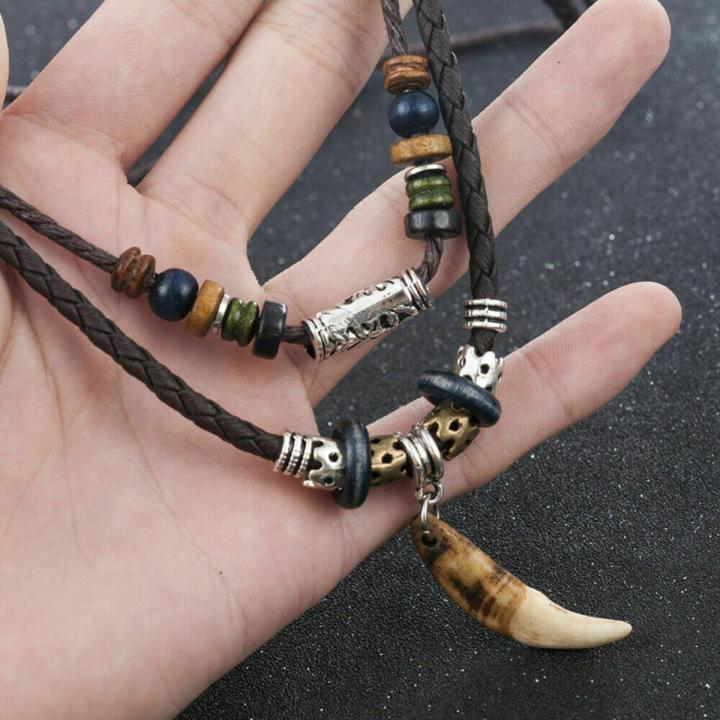Vintage wolf tooth pendant necklace-multi-layer-leather beaded weavod ...