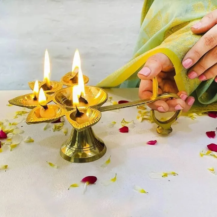 FR KEDAR Decor Brass4 Inch Brass Panch Batti Diya I Panch Aarti Diya ...