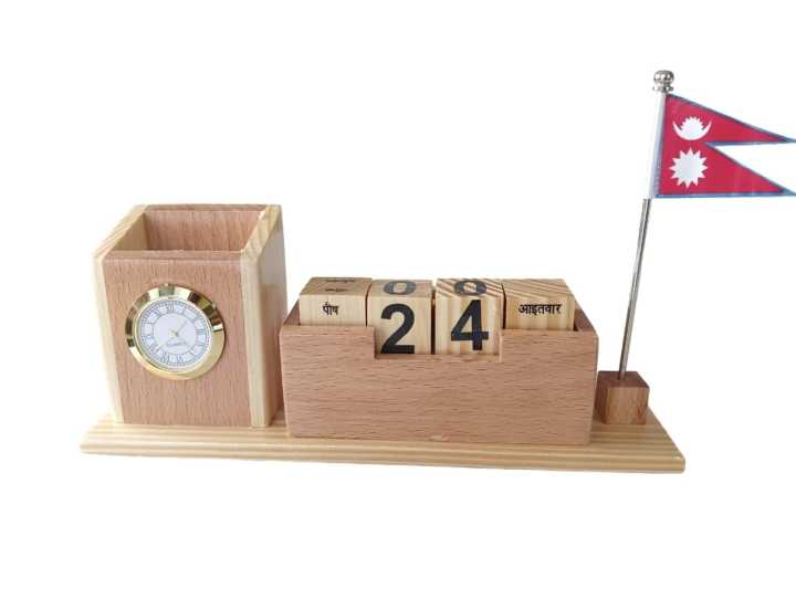 Wooden Pen Holder With Nepal Flag , Clock , Nepali Calendar And Extra ...