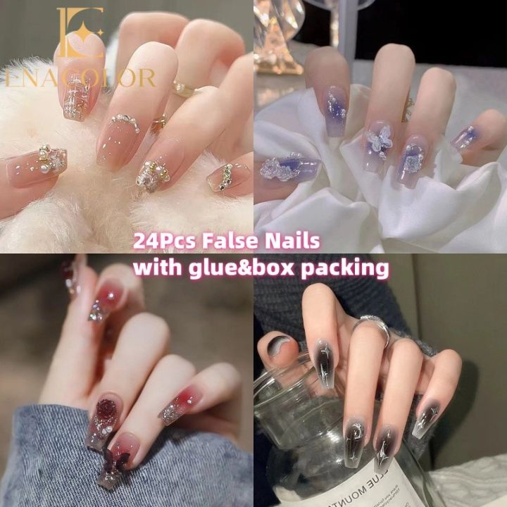 24Pcs with Glue False Nails with Design False Nails Wearable Press on ...