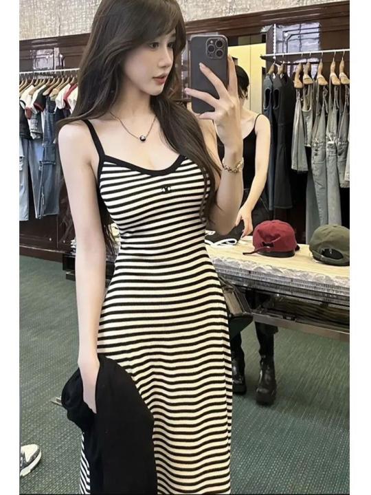 Pure desire striped knitted slip dress, women's slim and thin, inner ...