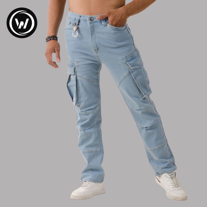 Wraon Light Blue Baggy Stretchable Fancy Denim Cargo Box Pant For Men ...