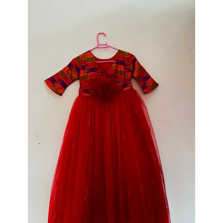 Red Dhaka Design Embroidered Net Dress For Girls | Daraz.com.np