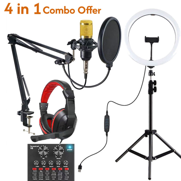 BM-800 Mic Kit with V8 Sound Card, Studio Podcast Mic Set + Free Headphones & 30CM LED Ring ...