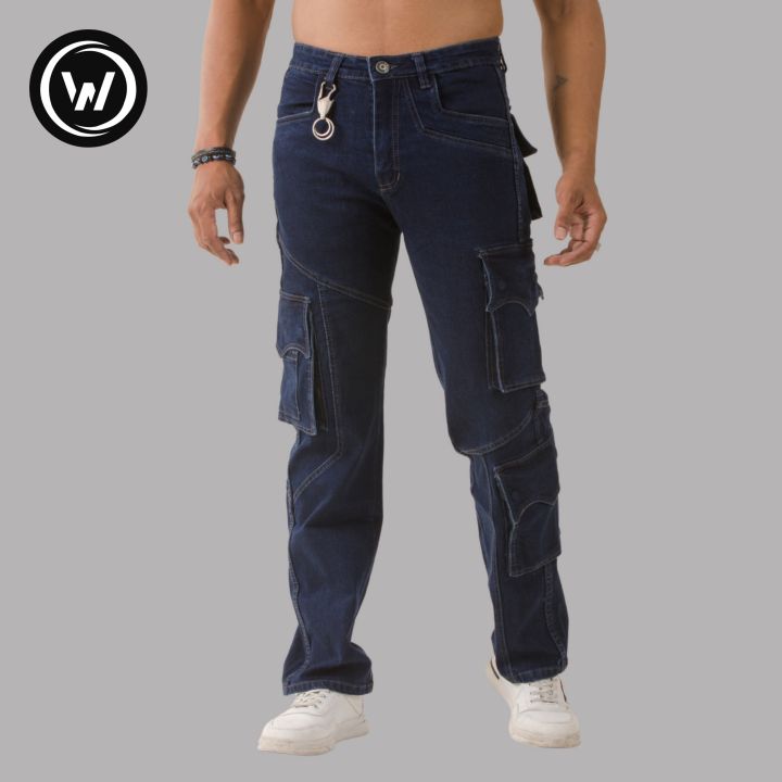 Wraon Dark Blue Premium Stretchable Chichi Denim Cargo Box Pant For Men ...