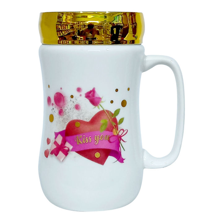 White Color Ceramic Printed Design Coffee Mug With Mirror Lid | Daraz ...