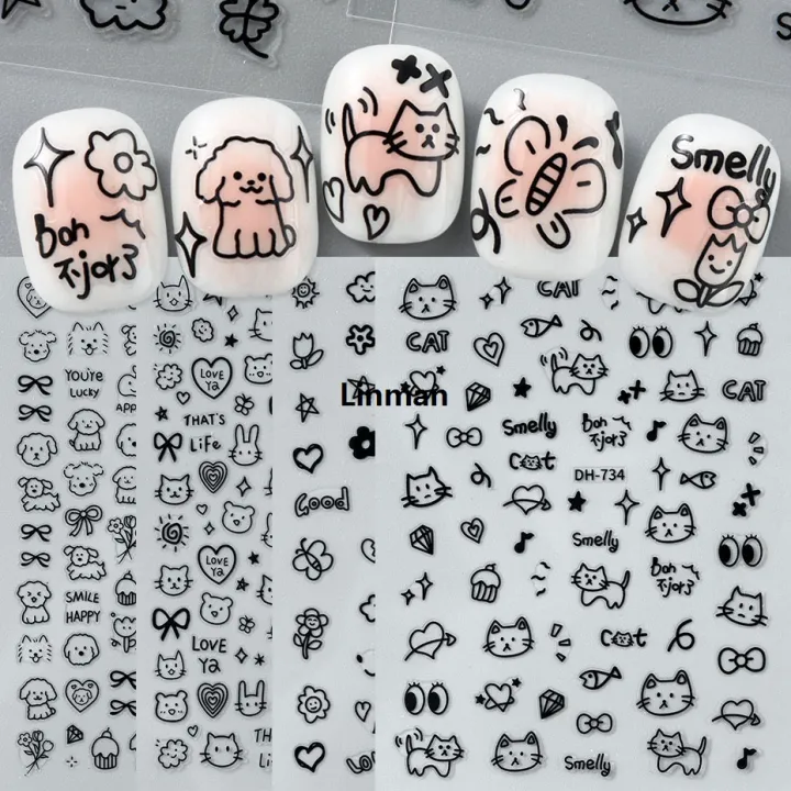 Linman 4pcs Cartoon Cute Cat Nail Art Sliders 3D Graffiti Dog Rabbit ...