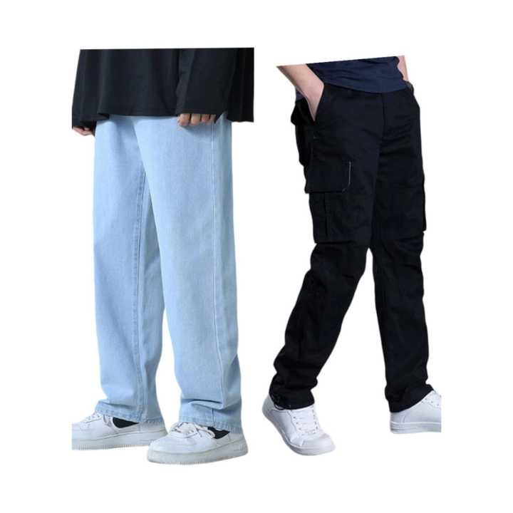Black Cargo Box Pant And Sky Blue Baggy Jeans Pant For Men (Combo Set ...
