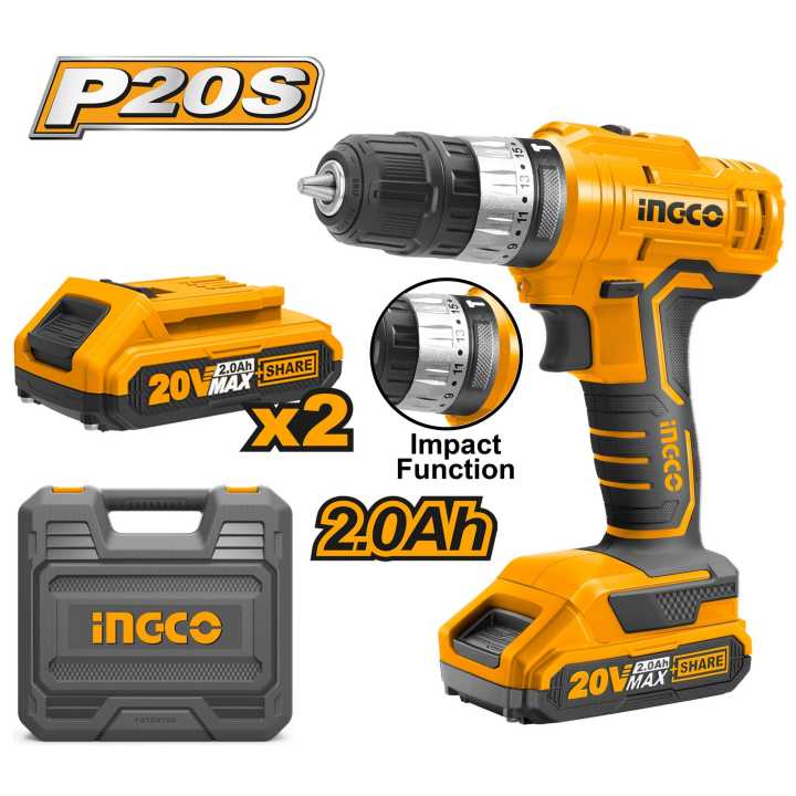 Ingco Brand 20V Lithium-Ion Impact Drill: 45NM (With 2PCS Battery Pack ...