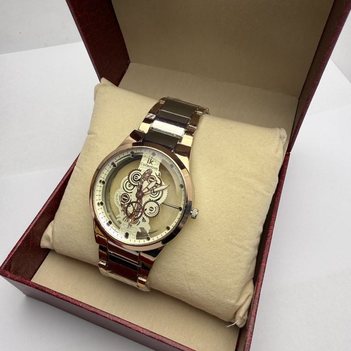 Authentic Skeleton Quartz Watch Stainless Steel Two Tone Strap Round ...