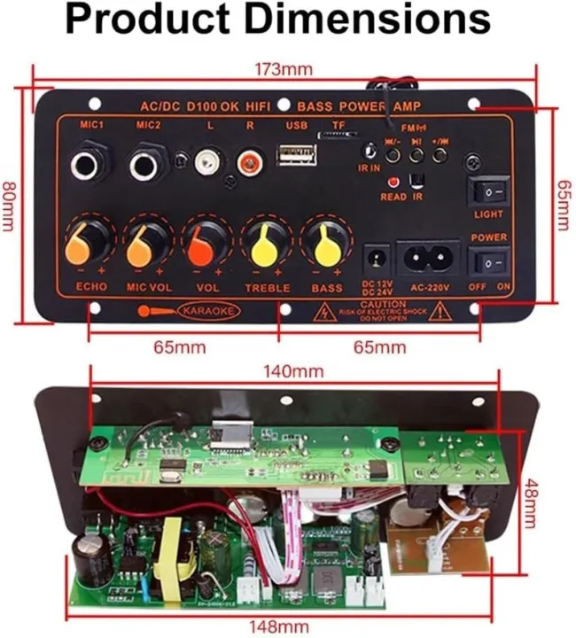 100W Bluetooth Audio Amplifier with Dual Mic Input, MP3, USB/TF, AUX ...
