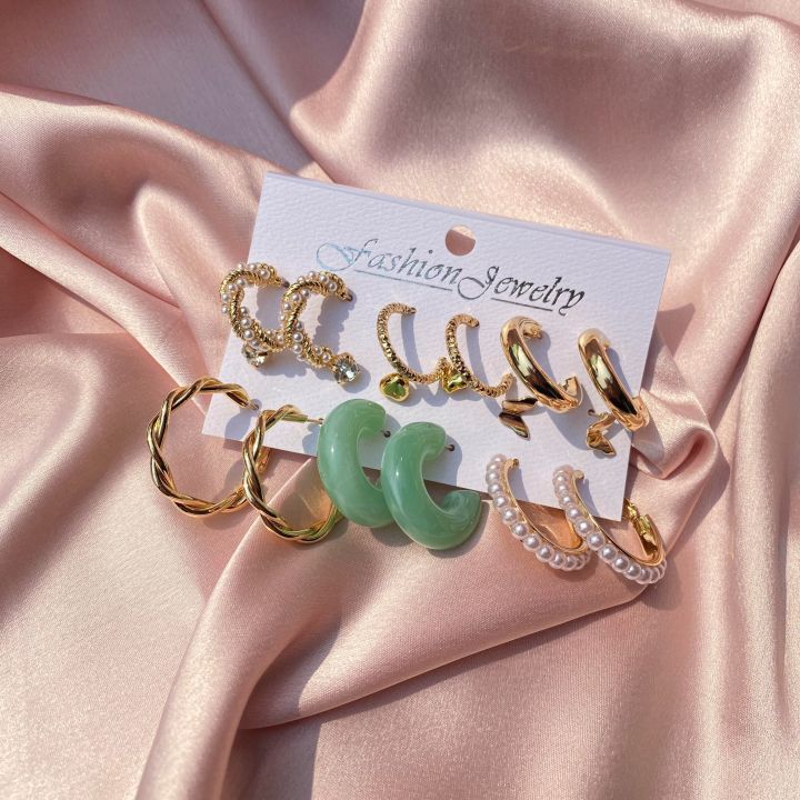 Stylish Combo Earrings Set With Glossy Green Pipe Hoops Set Of 9 Pairs ...
