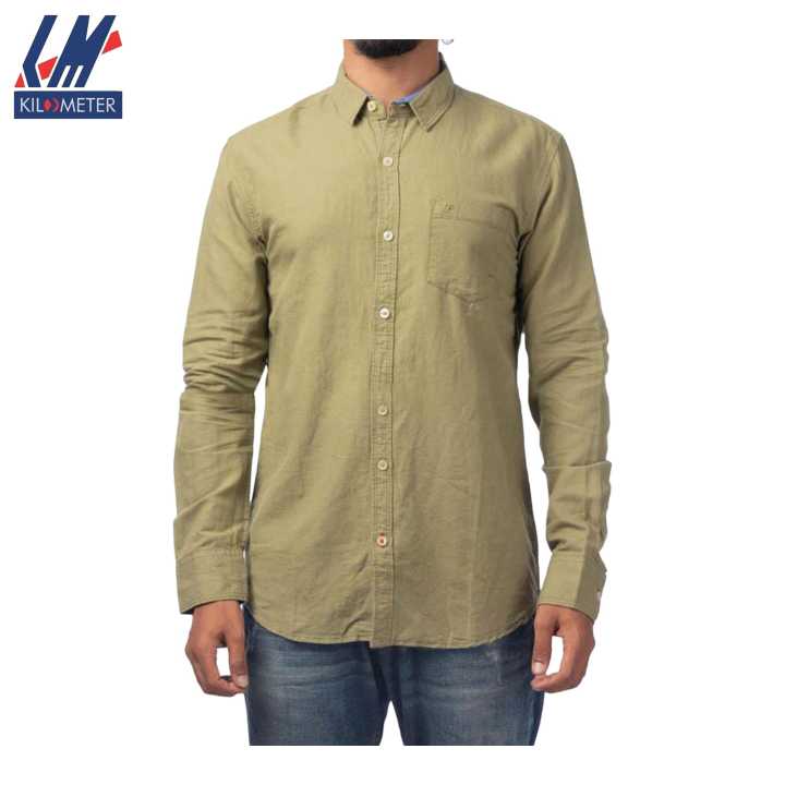 KILOMETER Solid Green Cotton Casual Full Shirt For Men - 012 | Daraz.com.np