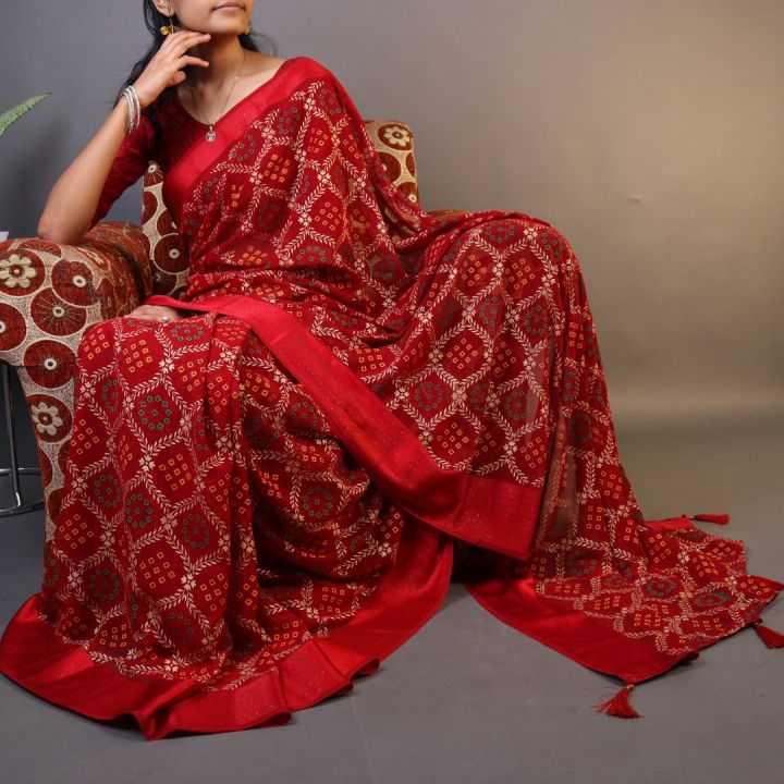 Pure Red Georgette Chunari Print Saree | Satin Silk Border Border ...