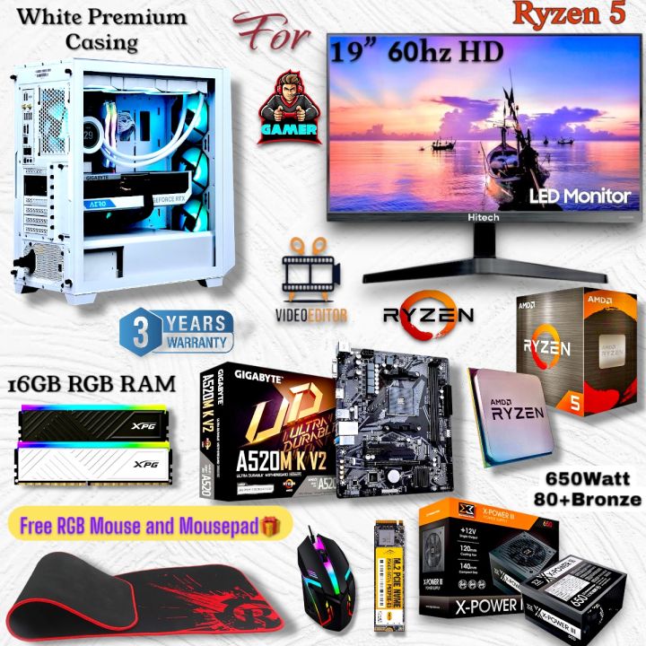 White Gaming PC Full Setup Ryzen 5 5600GT, Pairs With 19" Monitor, White Gaming Casing, 16GB ...
