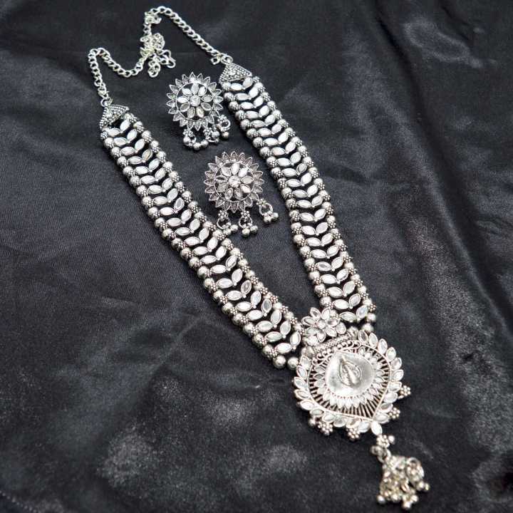 Jewels of Nepal Silver Oxidized Mirror Studded Pinjada Drop Pendant ...