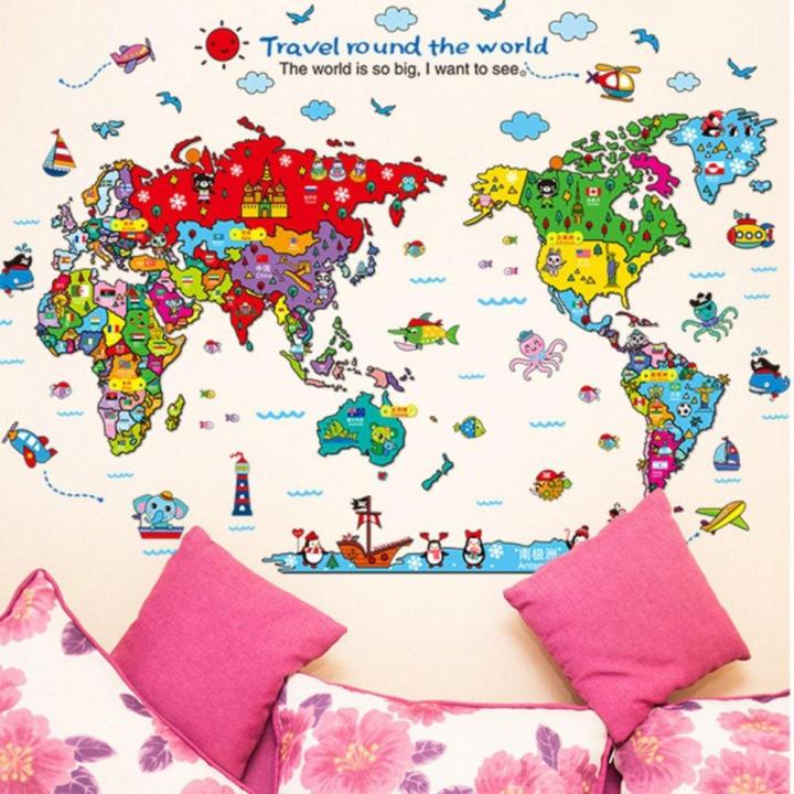 Animals Colorful World Map Kids Bedroom Diy Wall Sticker Art Decal For ...