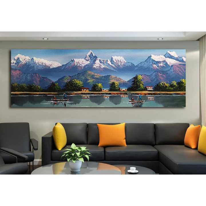 Machhapuchre Range Fewa Lake Painting Canvas Cotton Print | Wooden ...