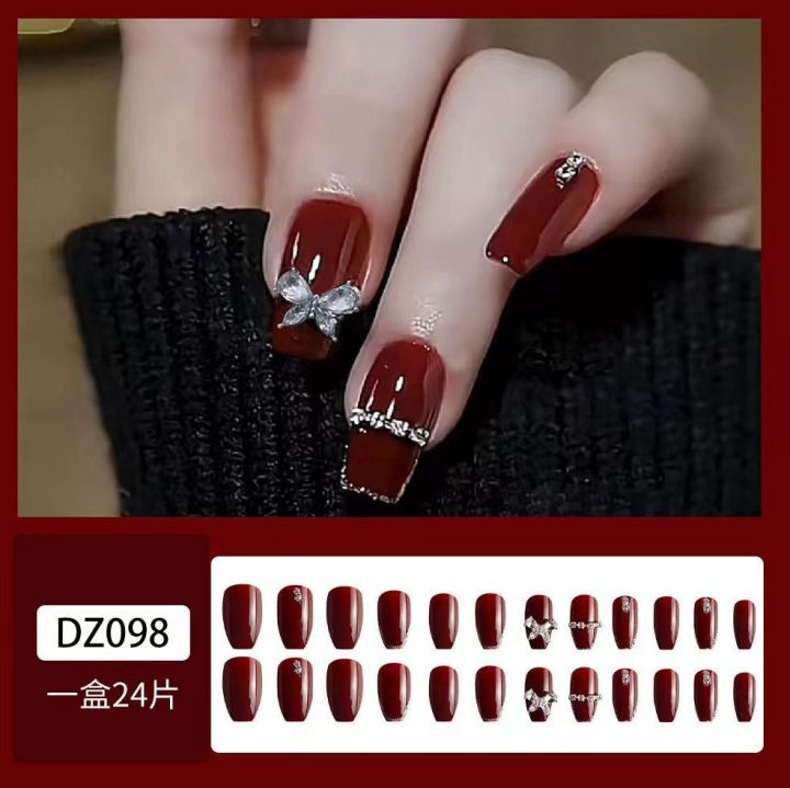 Maroon Press On Nails with Mini Manicure Set, Artificial Nail Set, 24 ...