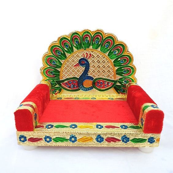Laddu Gopal Wooden Singhasan with Meenakari Peacock Design for Pooja ...