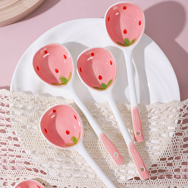 Piece of strawberry with long handle dessert 1 cute ceramic soup spoon ...