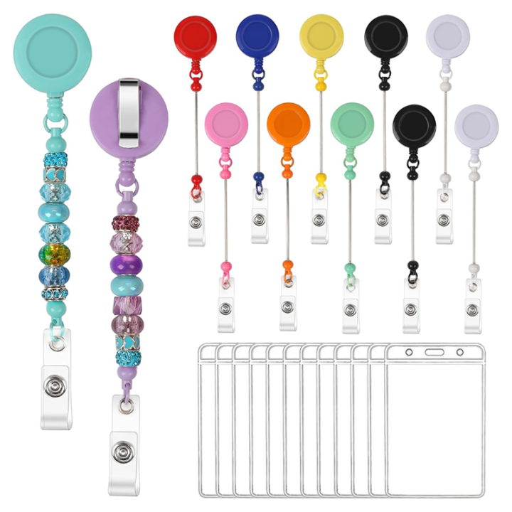 (GGBR) 12Set Beadable Retractable Badge Reels Clips with Id Card Holder ...