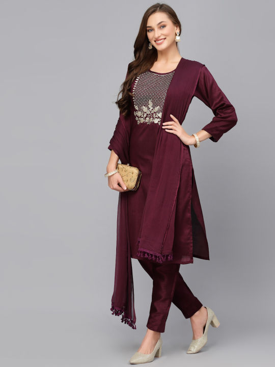 Fabdale Embroidered Wine Viscose Rayon Straight Salwar Suit with ...