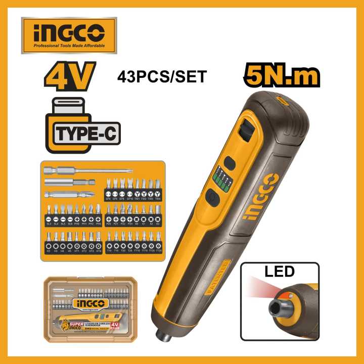 INGCO 43PCS 4V 5N.m Lithium-Ion Cordless Electric Screwdriver Portable ...