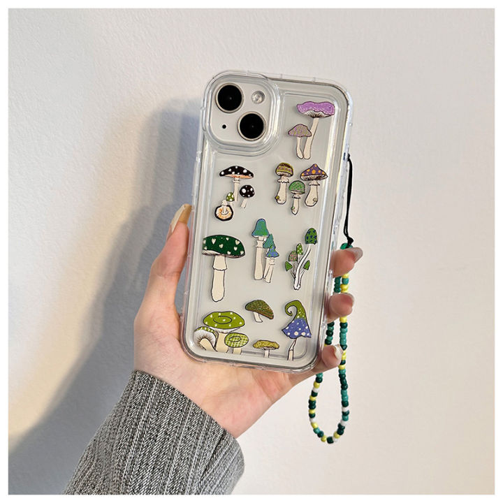 Green Mushroom Apple 15promax mobile phone case handheld bead chain for ...