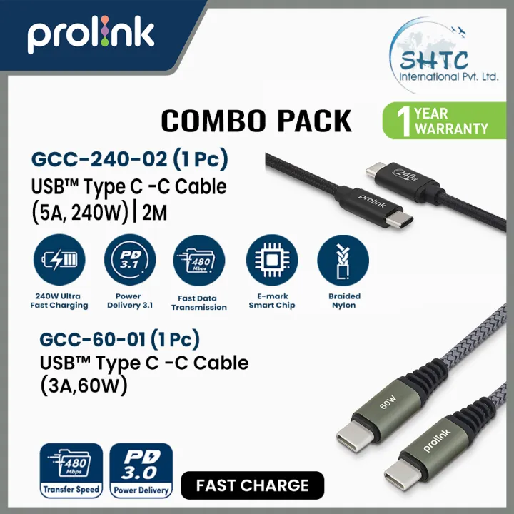 Prolink Combo Pack Fast Charge 60W USB C-C PD Braided Nylon Cable 1M ...