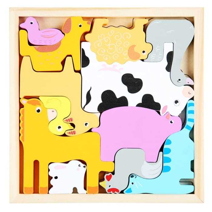 10 Pieces Farm Animals Shapes 3D Wooden Stacking Puzzle, Early Learning ...