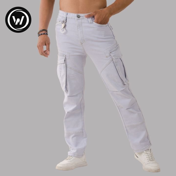 Wraon Super Light Blue Baggy Stretchable Fancy Denim Cargo Box Pant For ...