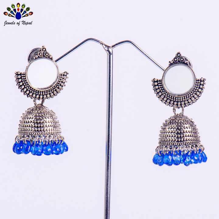 Beads Drop Mirror Top Oxidized Silver Pinjada Earrings For Women-Jewels ...
