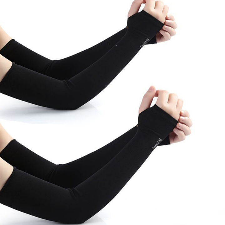 1 Pair Arm Sleeves Fit Thumb Stretchable Hand Cover Arm Sleeves Black ...