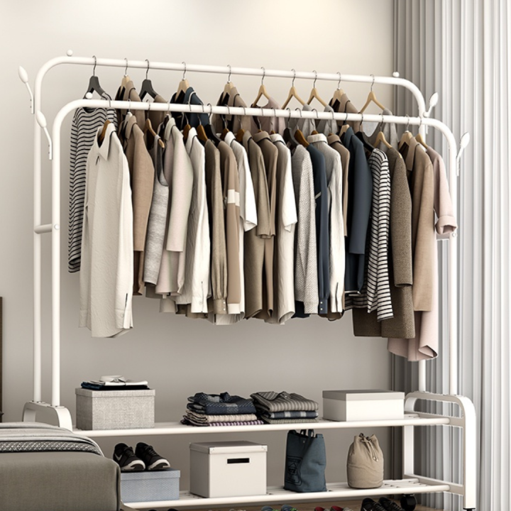 Coat Rack And Clothes Hanger Stand With Side Hooks And Bottom Shelves ...