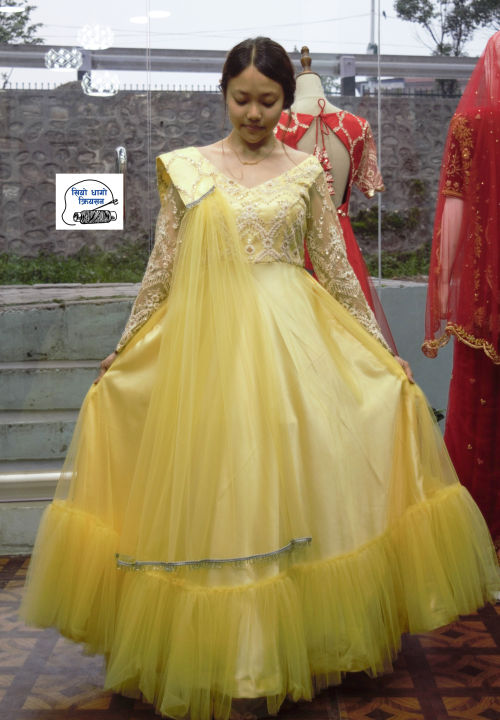 Ladies Yellow Net Heavy Gown | Daraz.com.np