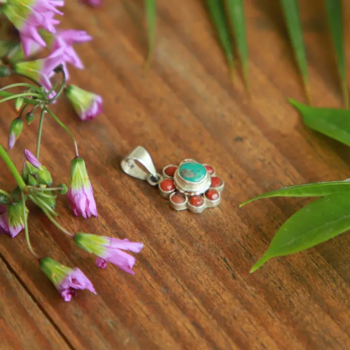 Pure Silver Pendant With Natural Turquoise/Coral/Unisex | Daraz.com.np
