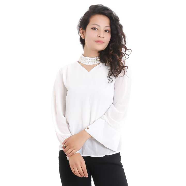 White Chiffon Neck Design Tops For Women | Daraz.com.np