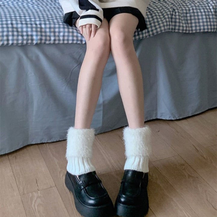 Women Leg Warmers Winter Autumn Lady Crochet Knitted Turn-over Fur Trim ...