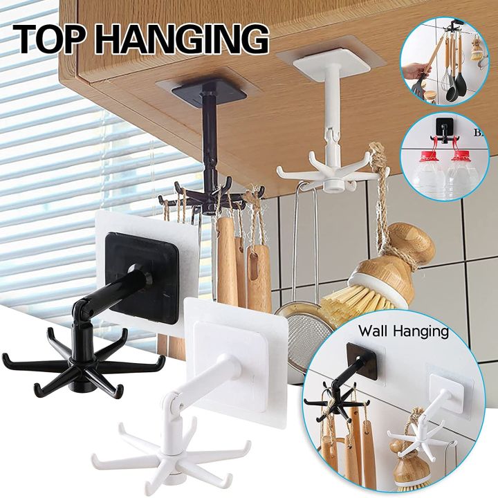 Kitchen Utensil Holder with 6 Hooks Rotatable Adhesive Wall Hooks Space ...