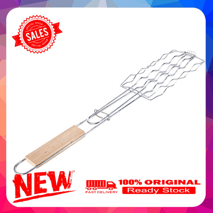 BBQ Wire Mesh Shelf Wood Handle Stainless Steel Non Stick Sausage Clip ...