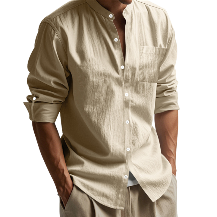 Men Cotton Linen Shirt Long Sleeve Collarless Casual Button Down Shirt ...
