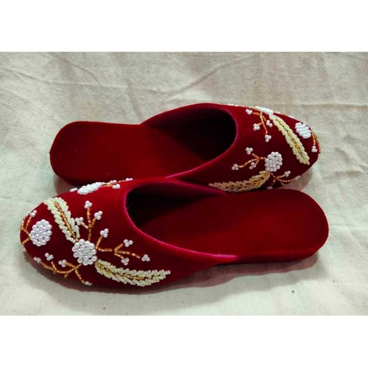 JENISHA=1 Pair Handmade Slippers For Women Maroon Velvet Flower ...